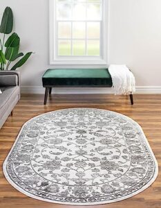 unique loom boston collection area rug - floral (5' 3" x 8' oval, white gray/ ivory)