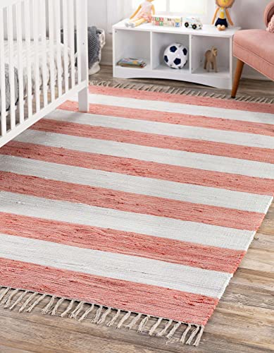 Unique Loom Chindi Rag Collection Area Rug - Striped (4' 1" x 6' 1" Rectangle, Coral and Ivory)