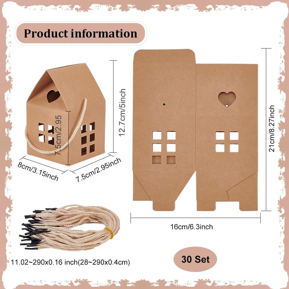 BENECREAT 30Pcs House Shaped Gift Boxes, 3x3x3inch Log Kraft Paper Candy Box Cardboard Treat Boxes for Wedding Baby Shower Birthday Party