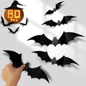 halloween bats wall decor, 80 pcs 3d plastic bats decorations party supplies reusable diy decorative pvc black scary large bat stickers indoor outdoor gothic decals for window office kitchen bathroom