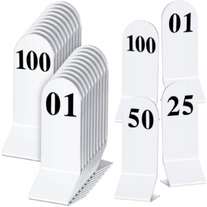 geetery 100 pcs acrylic table numbers 1-100 double sided table number cards wedding table number stands restaurant table tent table number signs for party banquets supplies, 2.36 x 6.3 inch (white)