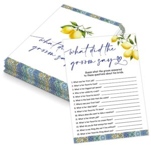 blue tiles and lemons what did the groom say game for 30 guests with game cards, lemons bridal shower game, modern bridal shower decorations, wedding shower or bachelorette party supplies - 02