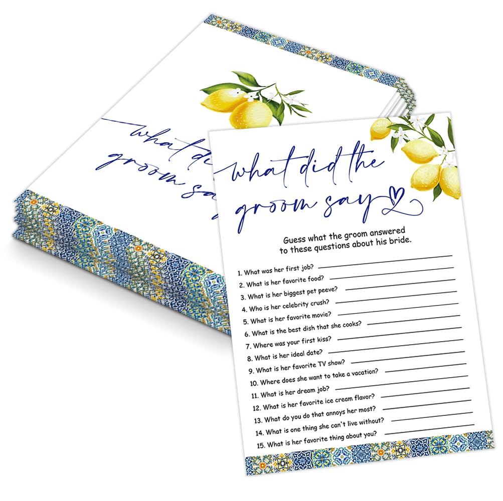 Blue Tiles and Lemons What Did the Groom Say Game for 30 Guests with Game Cards, Lemons Bridal Shower Game, Modern Bridal Shower Decorations, Wedding Shower or Bachelorette Party Supplies - 02