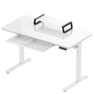 SHW 48-Inch Whole-Piece Glass Electric Height Adjustable Desk with Monitor Riser and Drawer, White