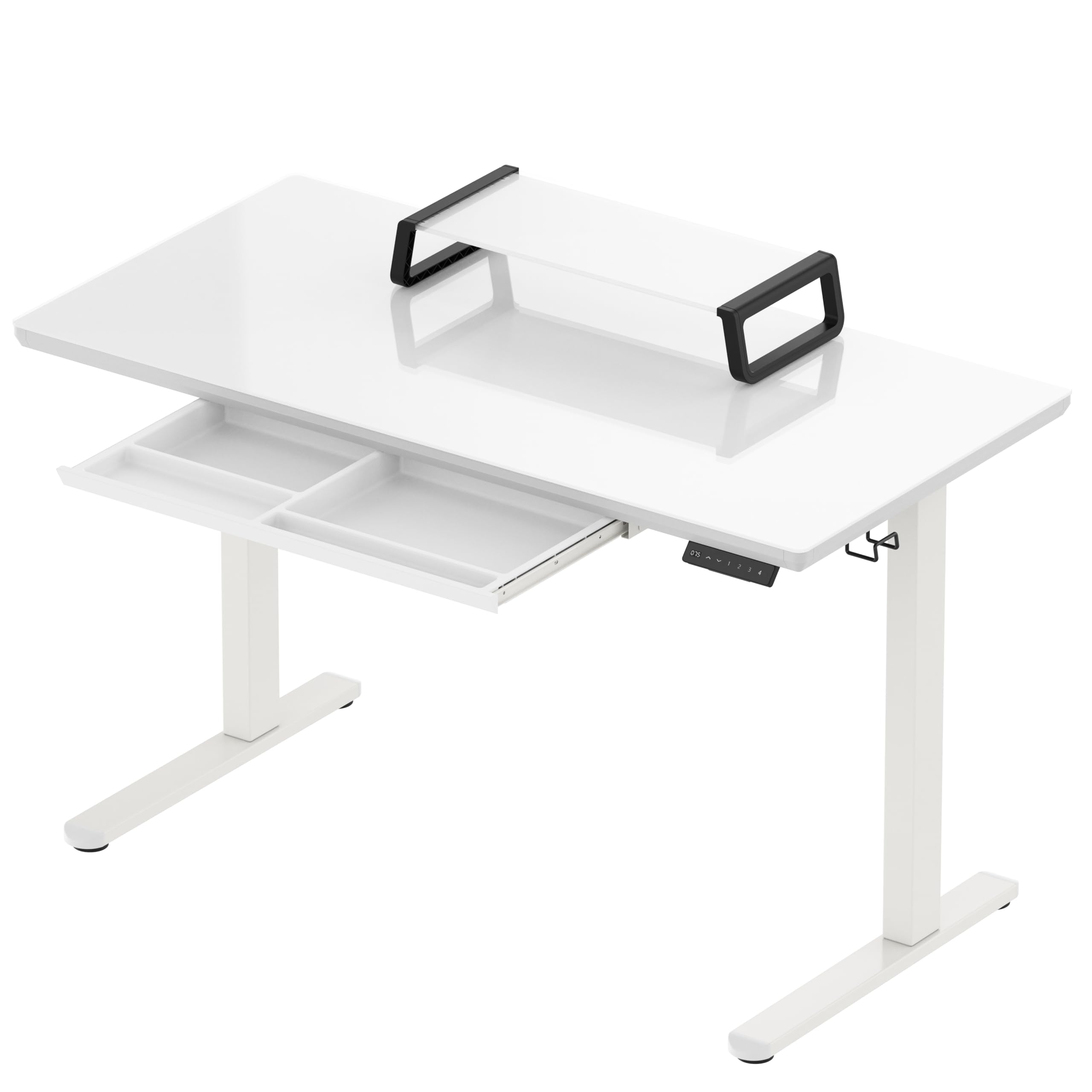 SHW 48-Inch Whole-Piece Glass Electric Height Adjustable Desk with Monitor Riser and Drawer, White