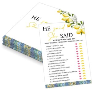 blue tiles and lemons he said she said game for 30 guests with game cards, lemons bridal shower game, modern bridal shower decorations, wedding shower or bachelorette party supplies - 02