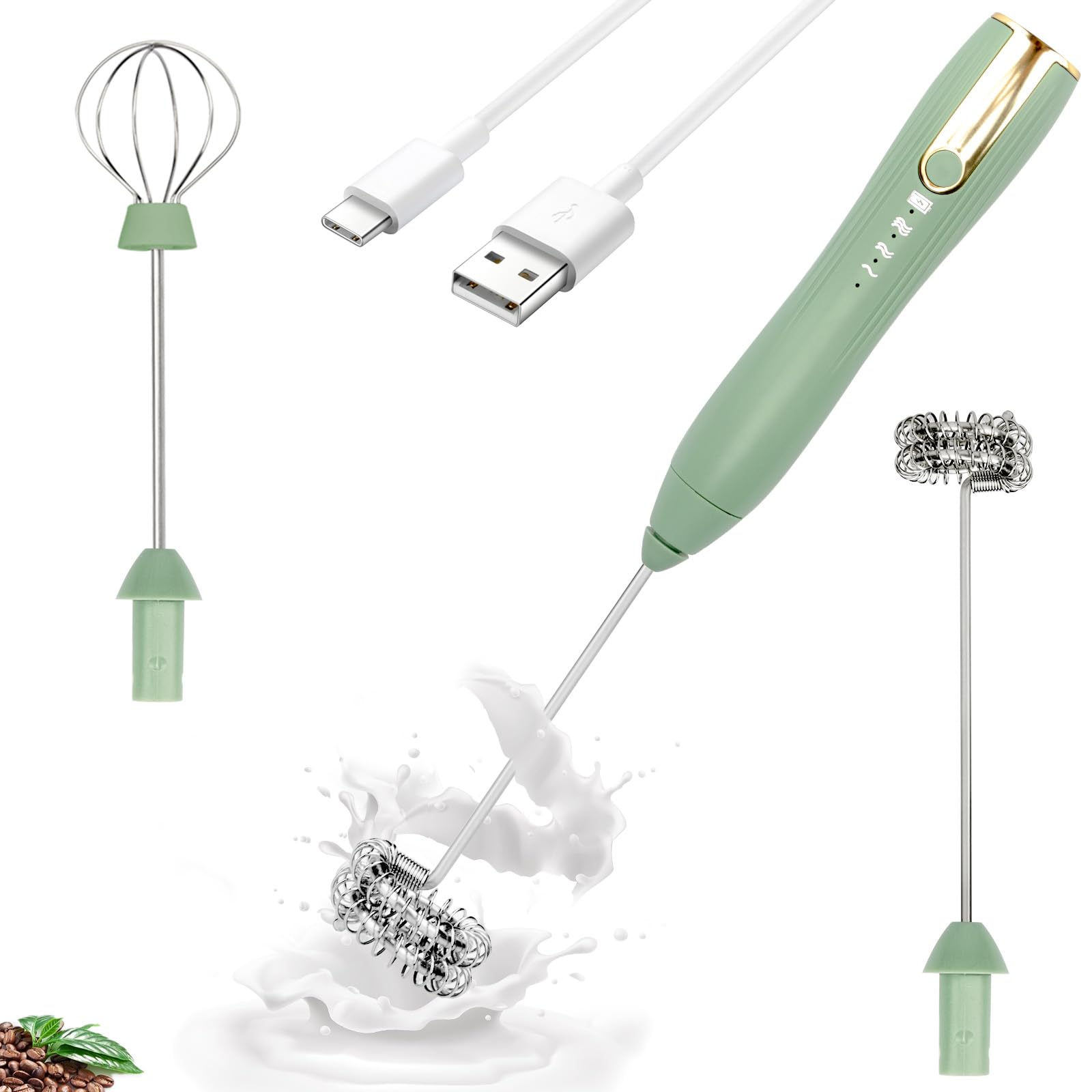 Double Whisk Milk Frother Handheld USB-C Rechargeable Electric Drink Mixer Green,3 Speeds Adjustable Coffee Foamer Drink Whisk for Lattes, Matcha, Hot Chocolate, Egg, Matcha