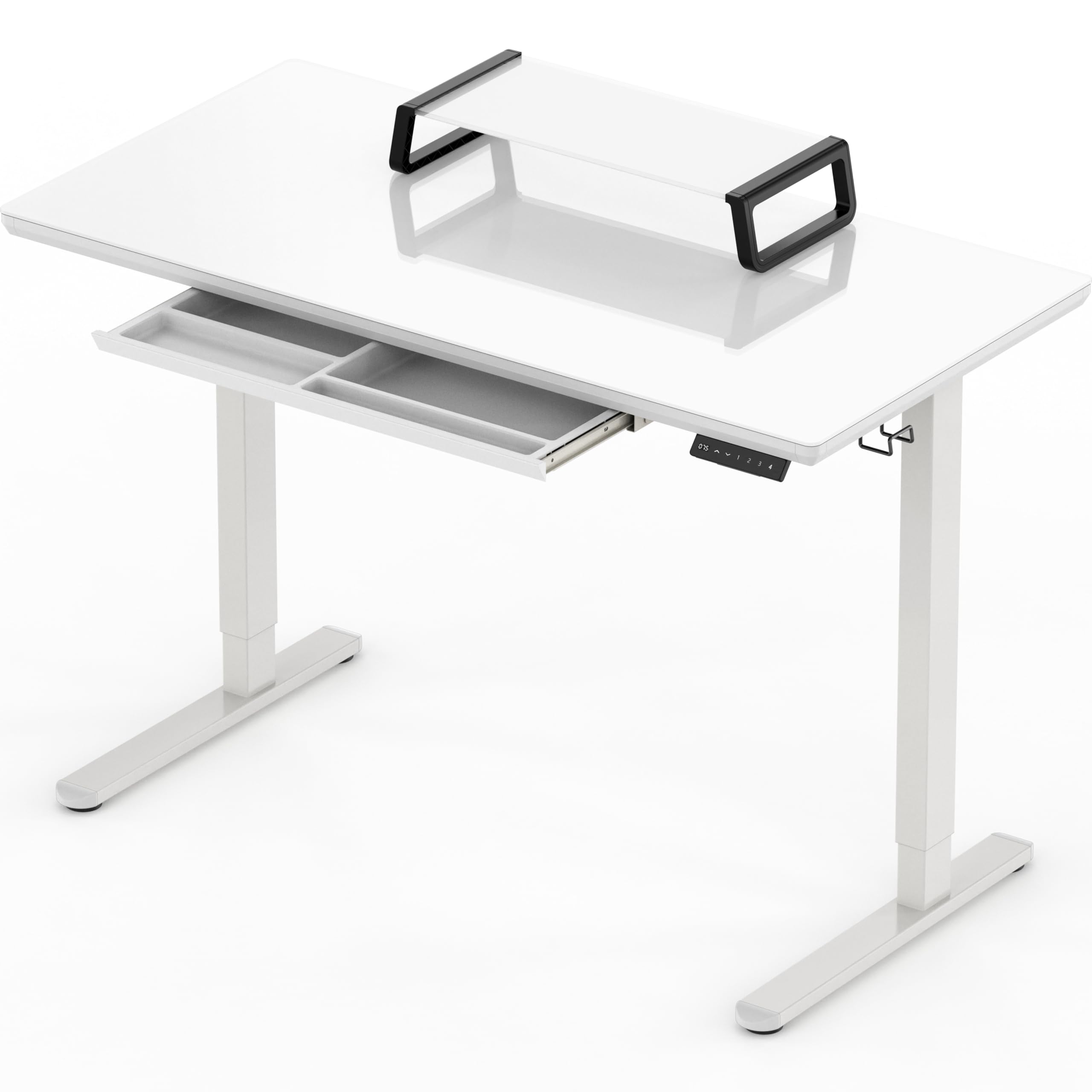 SHW 48-Inch Whole-Piece Glass Electric Height Adjustable Desk with Monitor Riser and Drawer, White