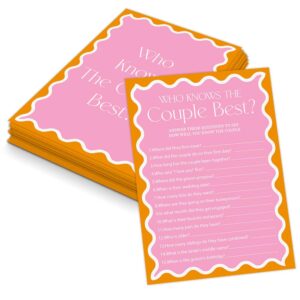 pink wavy border who knows the couple best game for 30 guests with game cards, wavy border bridal shower game, modern bridal shower decorations, wedding shower or bachelorette party supplies - 03