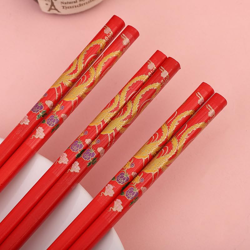 10 Pairs Bamboo Chopsticks Reusable For Wedding Party Ceremony, 24cm/9.5inch Chinese Japanese Natural Non-slip Chopsticks Dishwasher Safe, Lightweight Chopstick Set, Red