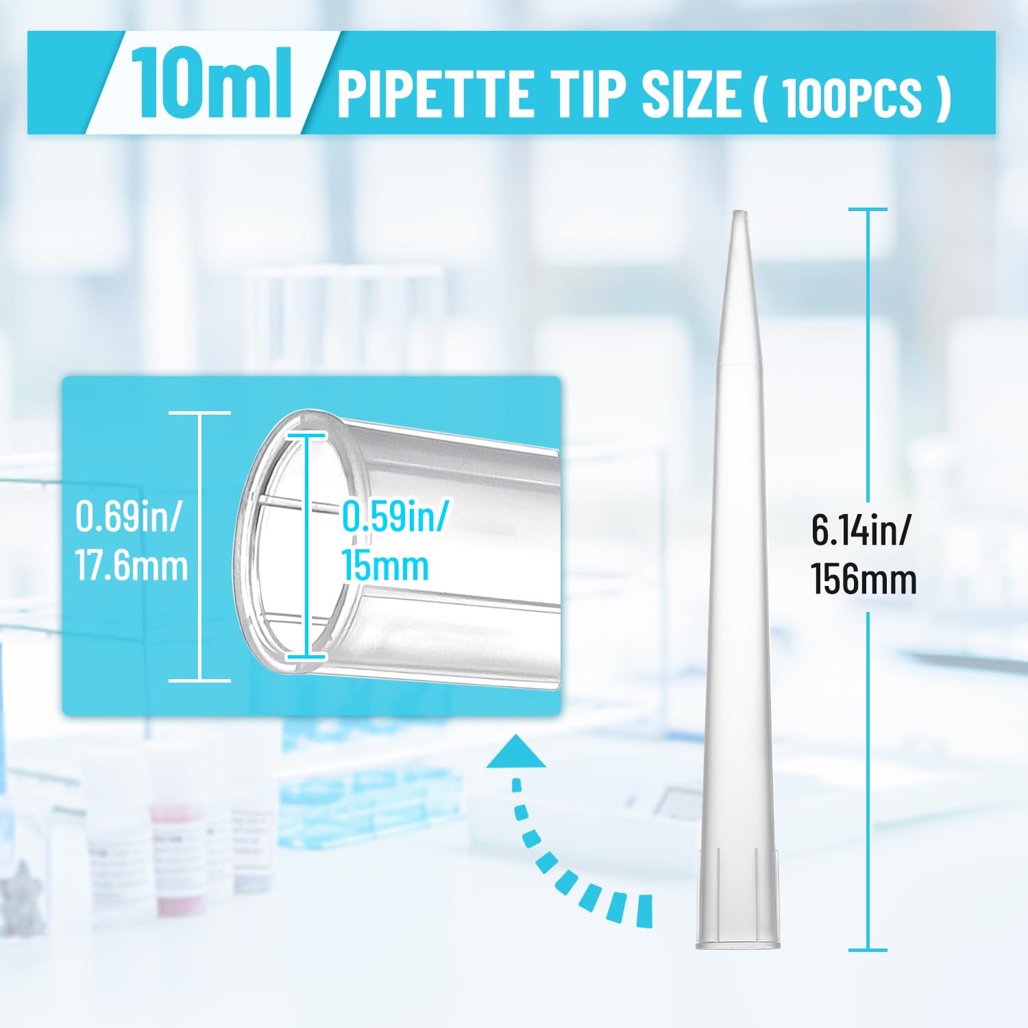 eLabPal 10ml Pipette Tips 100 Pcs, Lab Universal Pipettor Tips, MicroPipette Transparent Liquid Handling Tips, Autoclavable for Lab School Home