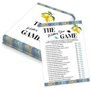 blue tiles and lemons the wedding shoe game for 30 guests with game cards, lemons bridal shower game, modern bridal shower decorations, wedding shower or bachelorette party supplies - 02