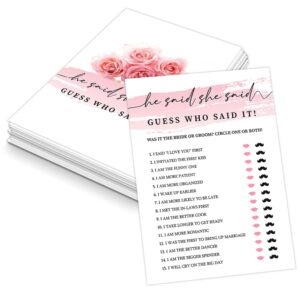 pink swash he said she said game for 30 guests with game cards, pink watercolor bridal shower game, modern bridal shower decorations, wedding shower or bachelorette party supplies - 05