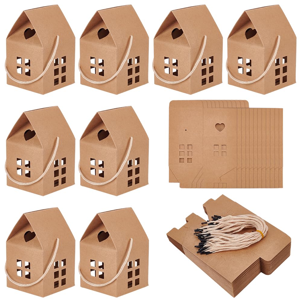 BENECREAT 30Pcs House Shaped Gift Boxes, 3x3x3inch Log Kraft Paper Candy Box Cardboard Treat Boxes for Wedding Baby Shower Birthday Party