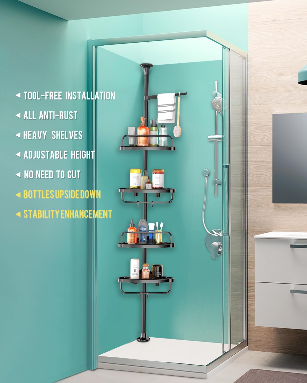 ADOVEL 4 Layer Corner Shower Caddy, Stainless Steel ​Constant Tension Pole Shower Organizer, Adjustable Corner Shower Shelf, Rustproof 3.3 to 9.8 ft