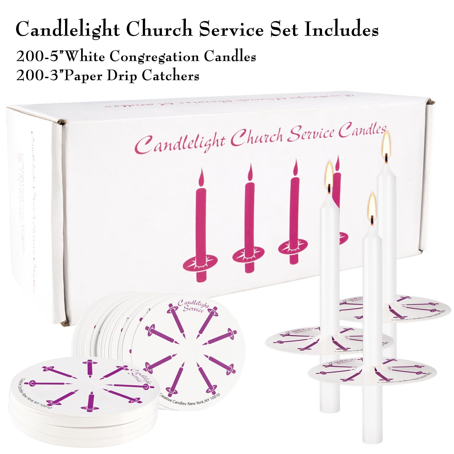 200 Pcs Church Taper Candle with Drip Protectors Paper Bulk, Devotional Candle for Candlelight Service Kit, 5" H X 1/2" D, White Unscented