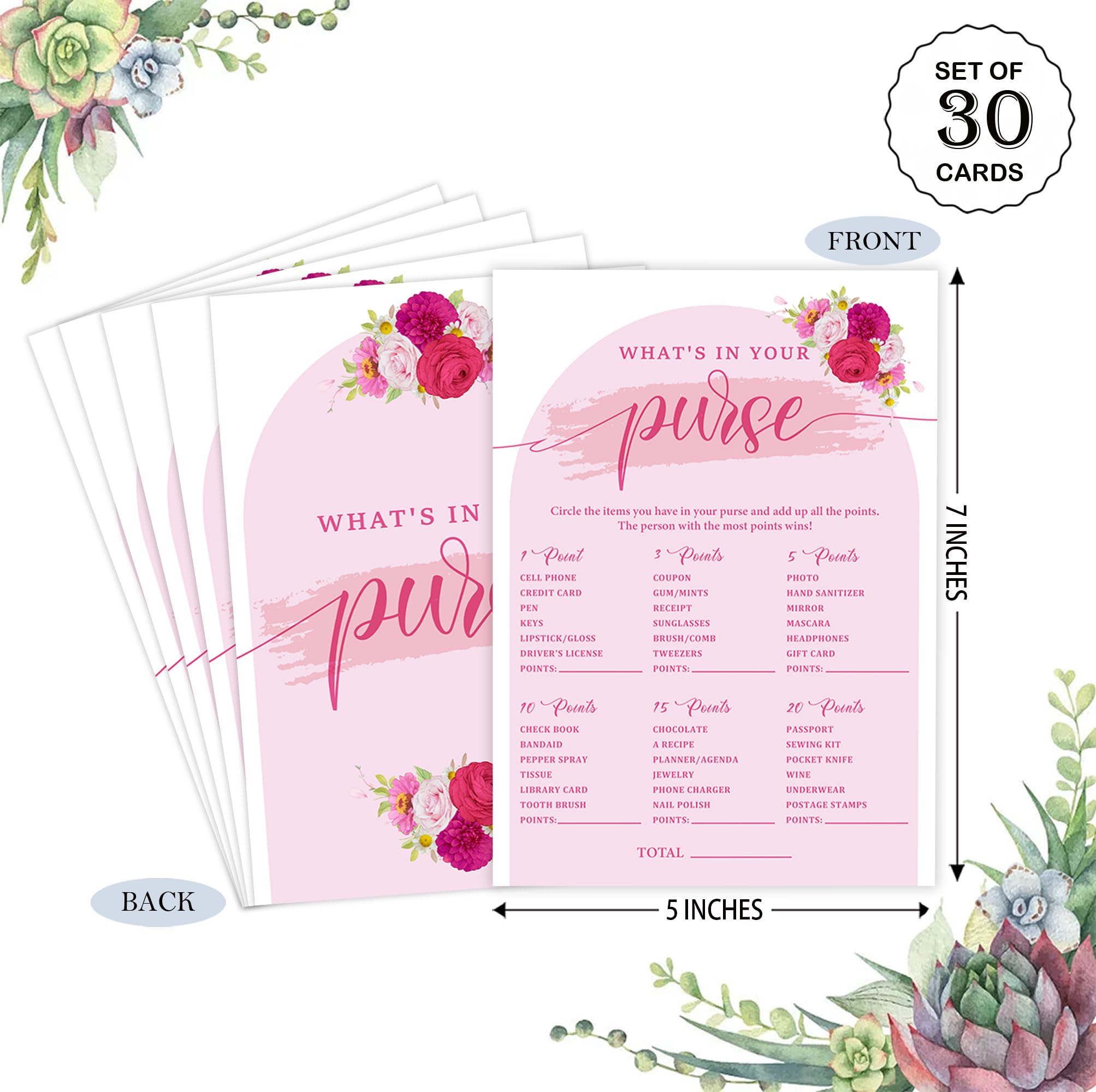 Pink Floral What's In Your Purse Game for 30 Guests with Game Cards, Hot Pink Floral Bridal Shower Game, Modern Bridal Shower Decorations, Wedding Shower or Bachelorette Party Supplies - 01