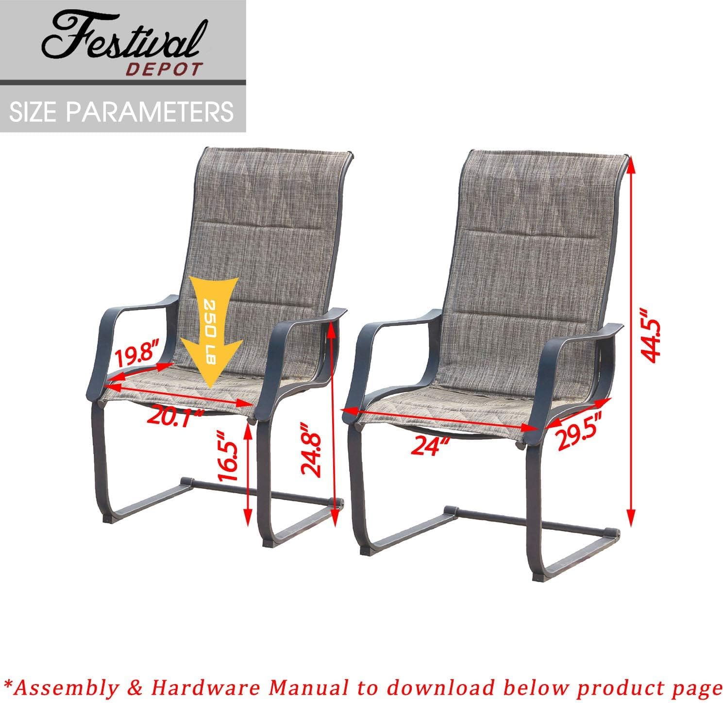 Festival Depot 2 Pieces Patio Chairs Spring Motion Textilene Weather Resistant Metal Outdoor Furniture for Lawn Garden Balcony Pool Backyard