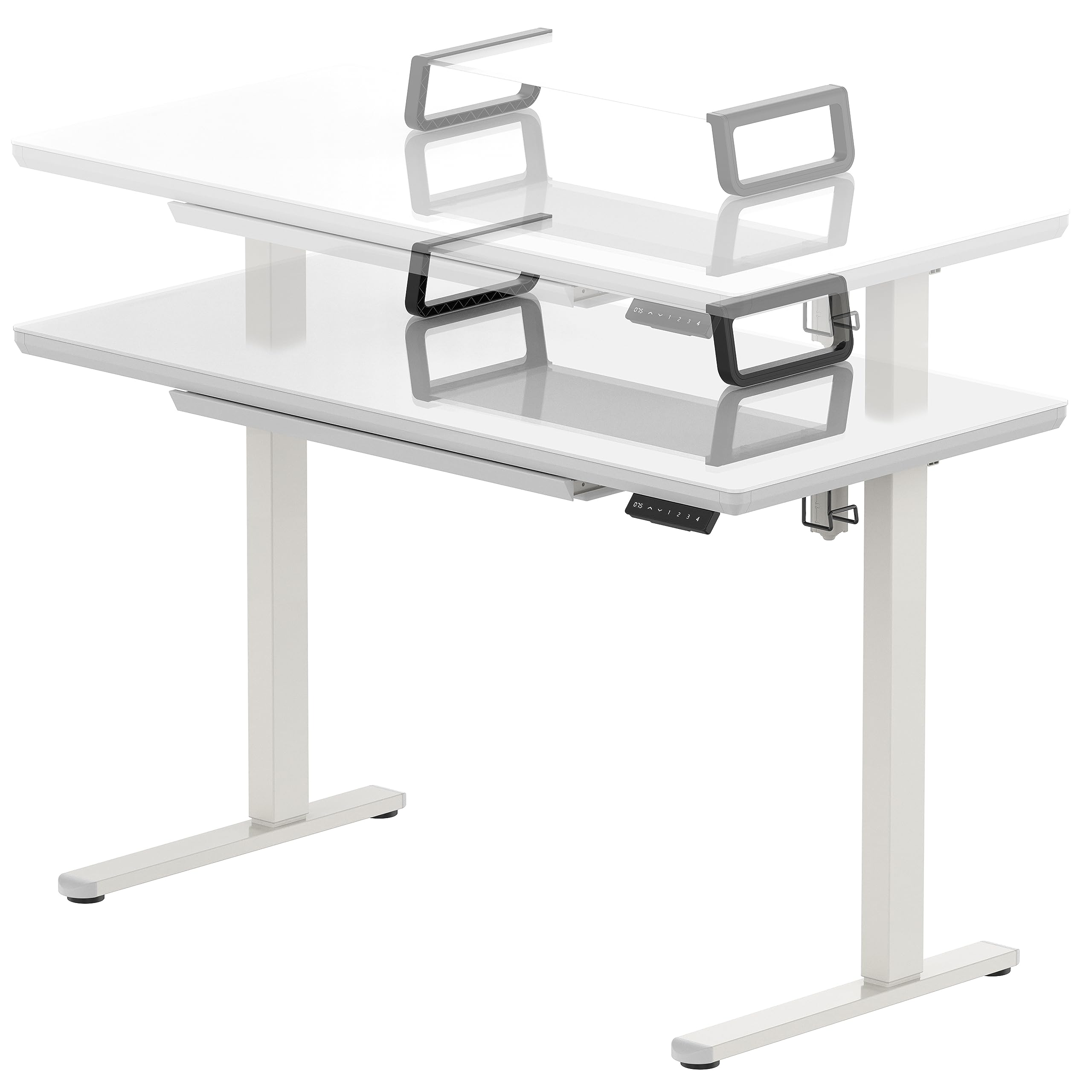 SHW 48-Inch Whole-Piece Glass Electric Height Adjustable Desk with Monitor Riser and Drawer, White