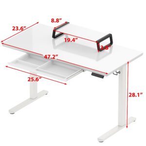 SHW 48-Inch Whole-Piece Glass Electric Height Adjustable Desk with Monitor Riser and Drawer, White