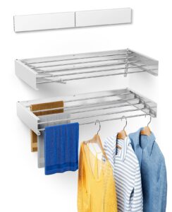 mrtono laundry drying rack collapsible, wall mounted drying rack, clothes drying rack, retractable drying rack,13.2 linear ft, 5 aluminum rods, 60 lb capacity (white, 40'')