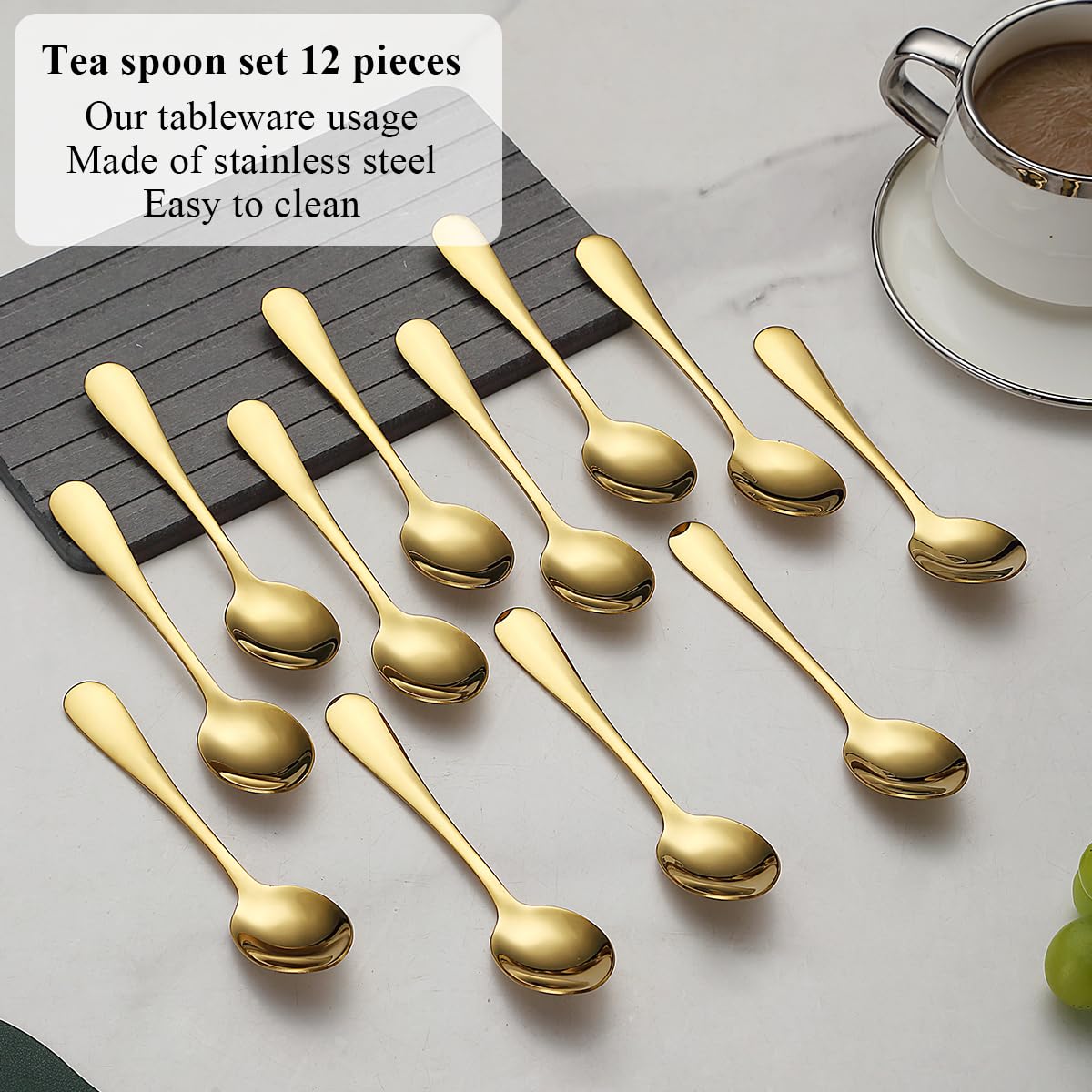 Evanda 12 Pieces Gold Teaspoons, Gold Titanium Plating Stainless Steel 14cm Tea Spoon, Cutlery for Tea, Coffee, Cake, Dessert, Salad, Dishwasher Safe