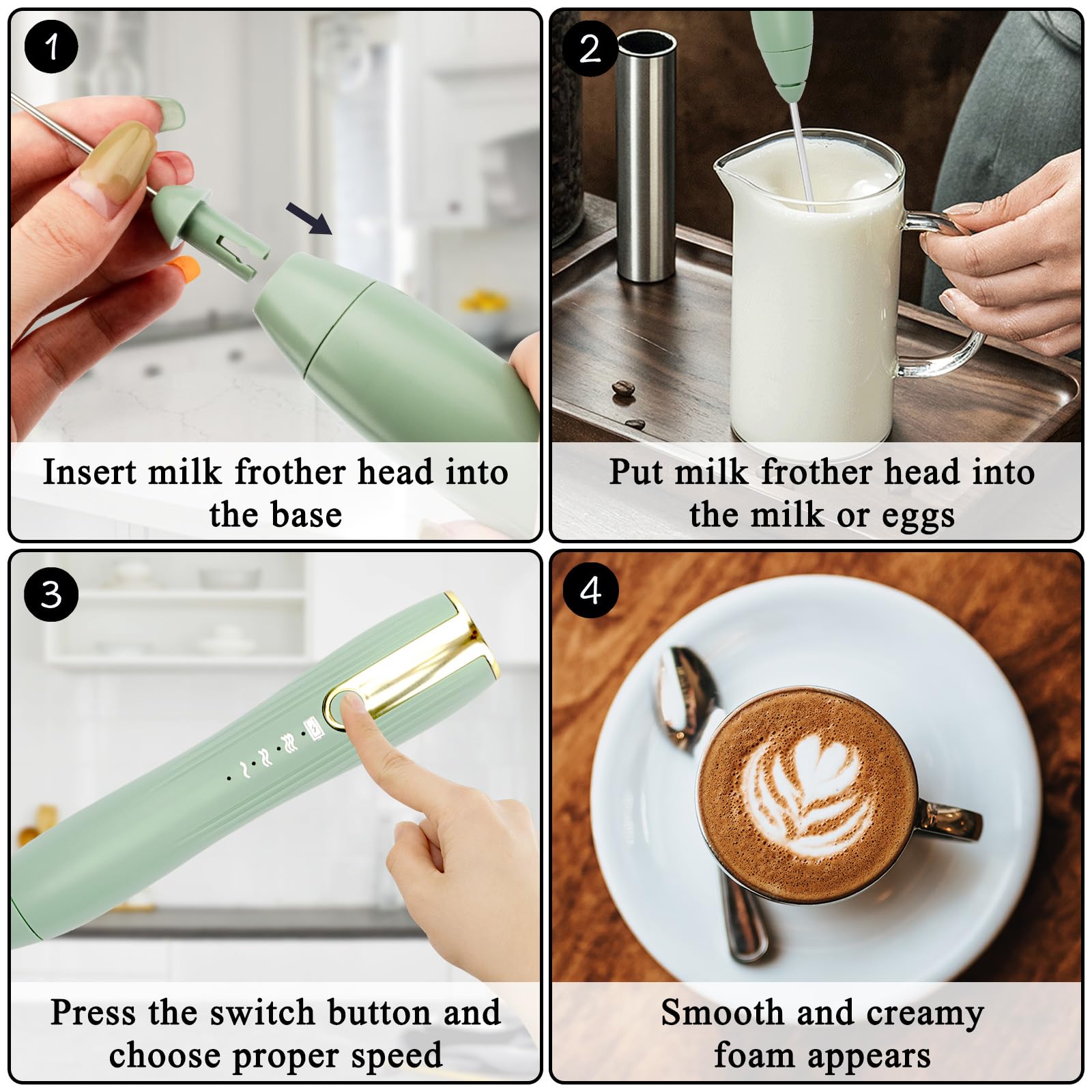 Double Whisk Milk Frother Handheld USB-C Rechargeable Electric Drink Mixer Green,3 Speeds Adjustable Coffee Foamer Drink Whisk for Lattes, Matcha, Hot Chocolate, Egg, Matcha