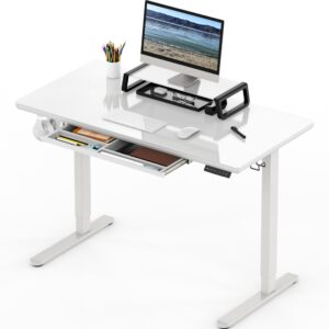 SHW 48-Inch Whole-Piece Glass Electric Height Adjustable Desk with Monitor Riser and Drawer, White