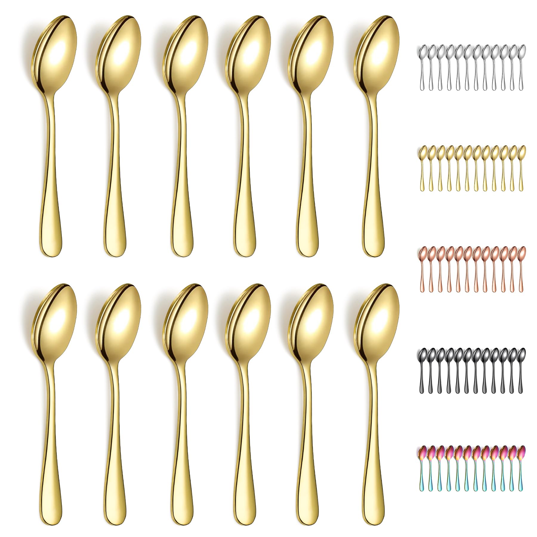 Evanda 12 Pieces Gold Teaspoons, Gold Titanium Plating Stainless Steel 14cm Tea Spoon, Cutlery for Tea, Coffee, Cake, Dessert, Salad, Dishwasher Safe