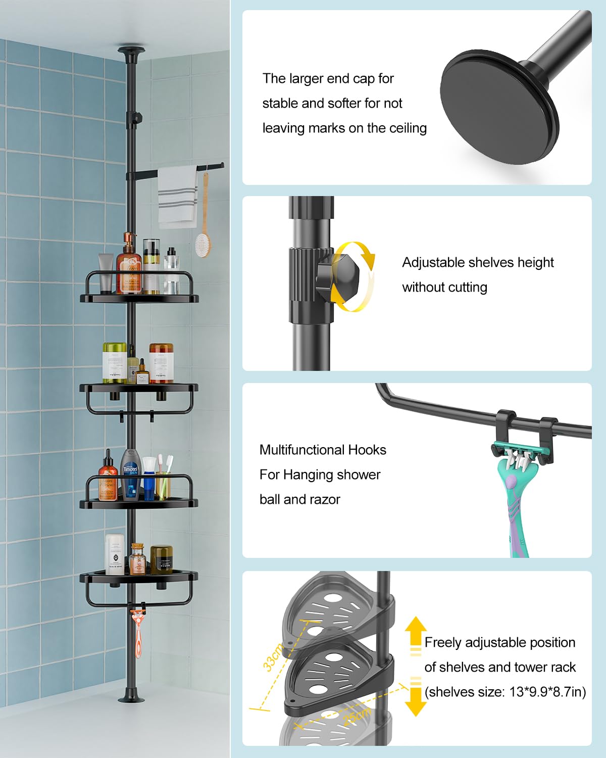 ADOVEL 4 Layer Corner Shower Caddy, Stainless Steel ​Constant Tension Pole Shower Organizer, Adjustable Corner Shower Shelf, Rustproof 3.3 to 9.8 ft