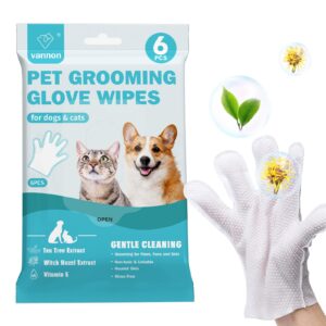 vannon extra thick pet bathing wipes for dogs & cats, cleaning & deodorizing grooming gloves, nourish fur glove wipes for daily care and traveling, rinse free, unscented, 6 pcs