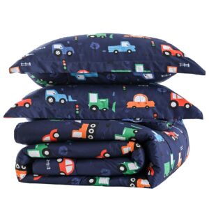 yibeizi car kids comforter set for boys twin, cute reversible quilted navy blue printed construction toddler bedding set with pillow sham, lightweight soft breathable machine washable bed set 2 piece