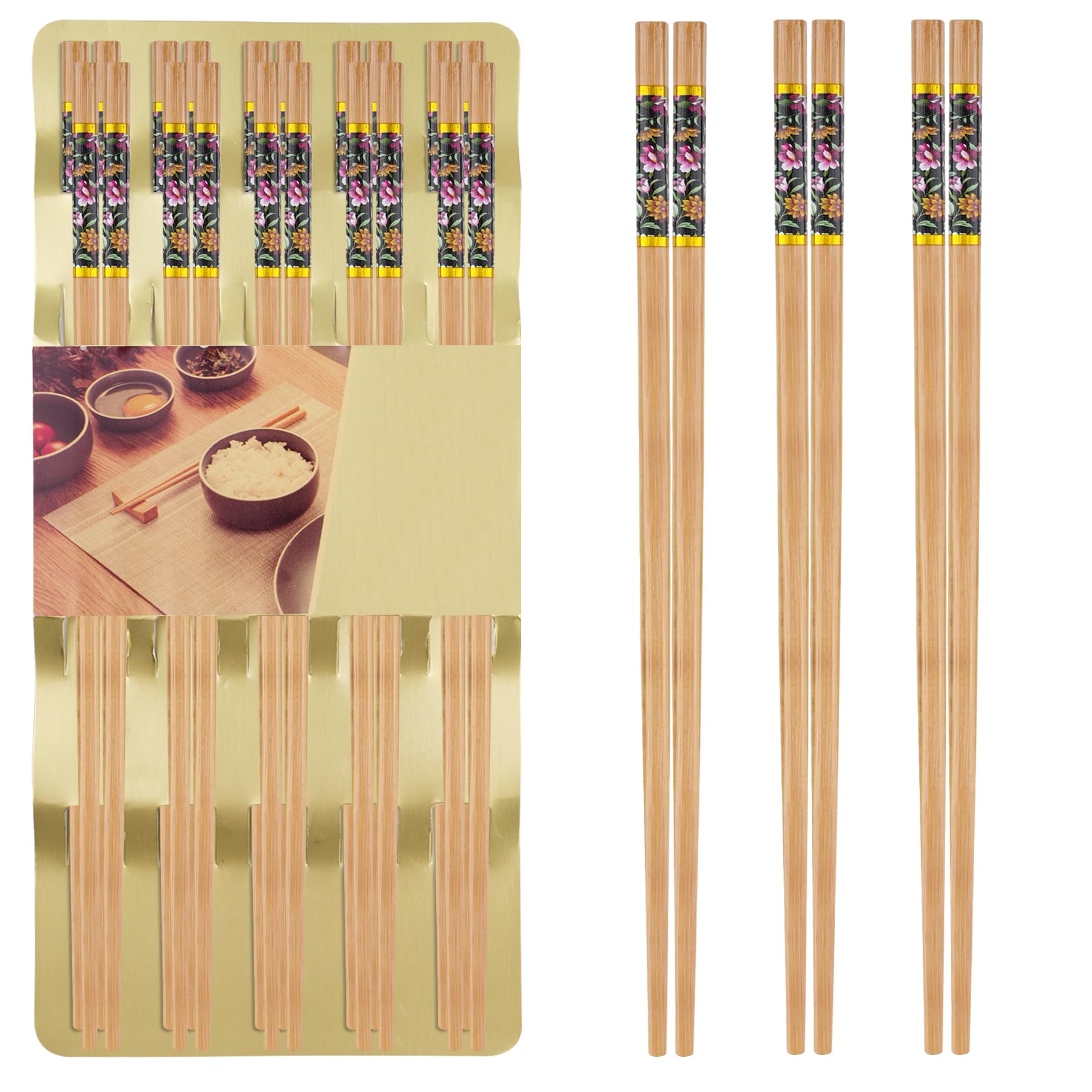 10 Pairs Bamboo Chopsticks Reusable, Chinese Japanese Natural Non-slip Chopsticks Long Lightweight Chopstick Set For Restaurant Family - Gift Sets, 23.8CM/9.37inch -Peony