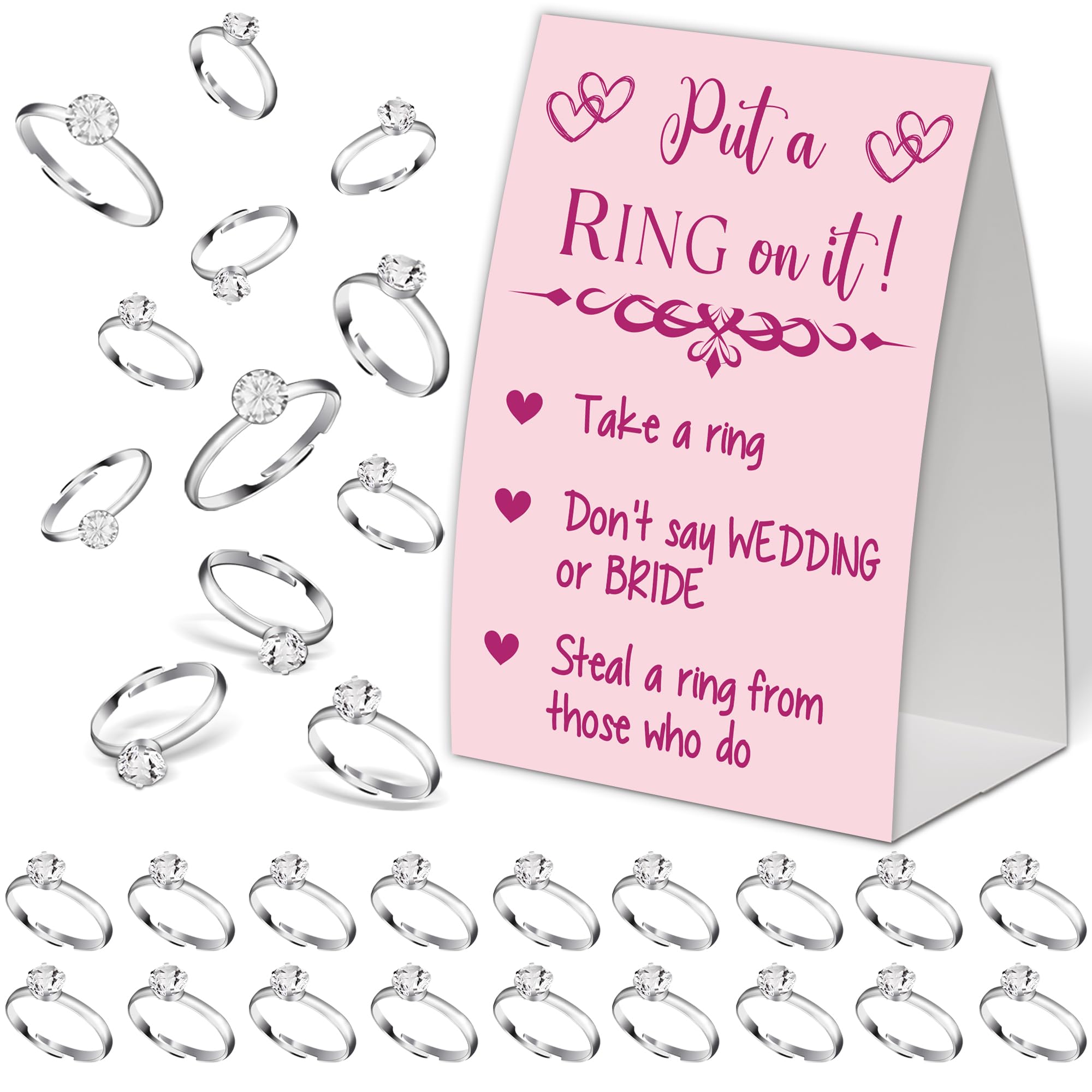 Bridal Shower Games Put A Ring on It,Bridal Shower Decorations,Wedding Game card with Pink Style Rose Red Font,Engagement Party Games,Bridal Shower Favors,Plastic Rings for Bridal Shower Game(14)