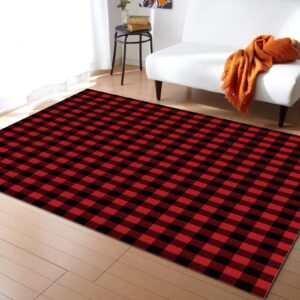 black and red line buffalo plaid area rug, red black checkered decorative rug, easy clean carpet with anti-slip backing for bedroom living room dining room office 5ftx8ft