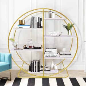 ciao stilista 6-tier modern round bookcase，57“gold tall bookshelf，book display shelf for living room office, freestanding display shelf, white and gold bookshelf,decorate shelf stand.