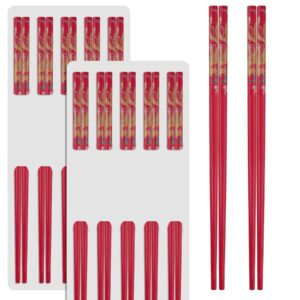 10 pairs bamboo chopsticks reusable for wedding party ceremony, 24cm/9.5inch chinese japanese natural non-slip chopsticks dishwasher safe, lightweight chopstick set, red