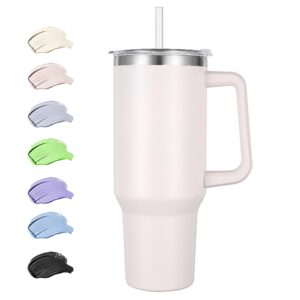 40 oz tumbler with handle and straw, insulated stainless steel tumbler with 2 in 1 lid, double vacuum travel mug coffee cup, rose quartz pack 1