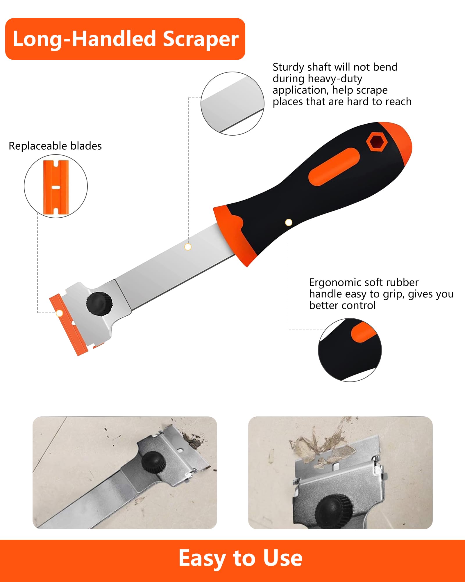 Razor Blade Scraper,Long Handle Razor Scraper Tool for Removing Label, Registration Sticker, Tint, Grease from Windshield, Appliance, Glass (Extra 10 Metal and 10 Plastic Blades)