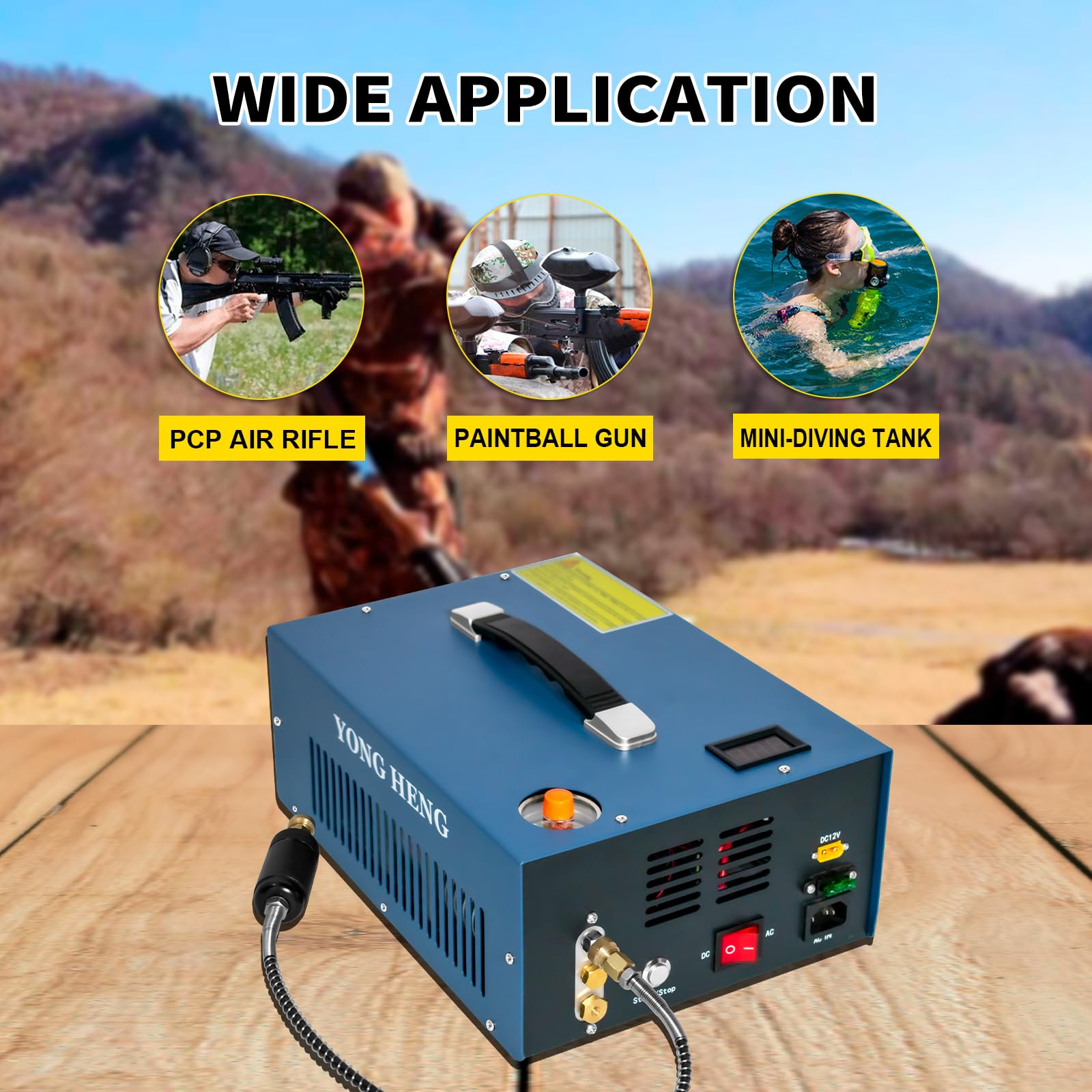 YONGHENG PCP Air Compressor, Auto-shutoff 4500Psi/30Mpa Set-pressure Air Gun and Paintball Tank Pump with Water/Oil Separator, Built-in Power Adapter(110V AC or 12V Car Battery)