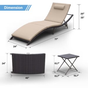 ALAULM Pool Lounge Chairs Outdoor Adjustable Chaise Lounge Chairs w/Sponge Cushion,2 Foldable & Portable Chairs and 1 Table for Poolside Patio Courtyard Seaside,Sand