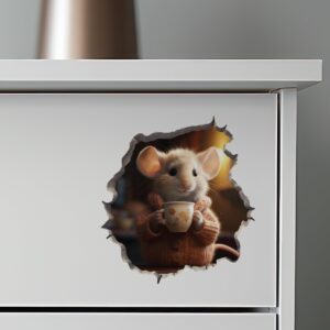 Coffee Lover Mouse Wall Hole Decal - Mouse Wall Sticker with 3D Effect