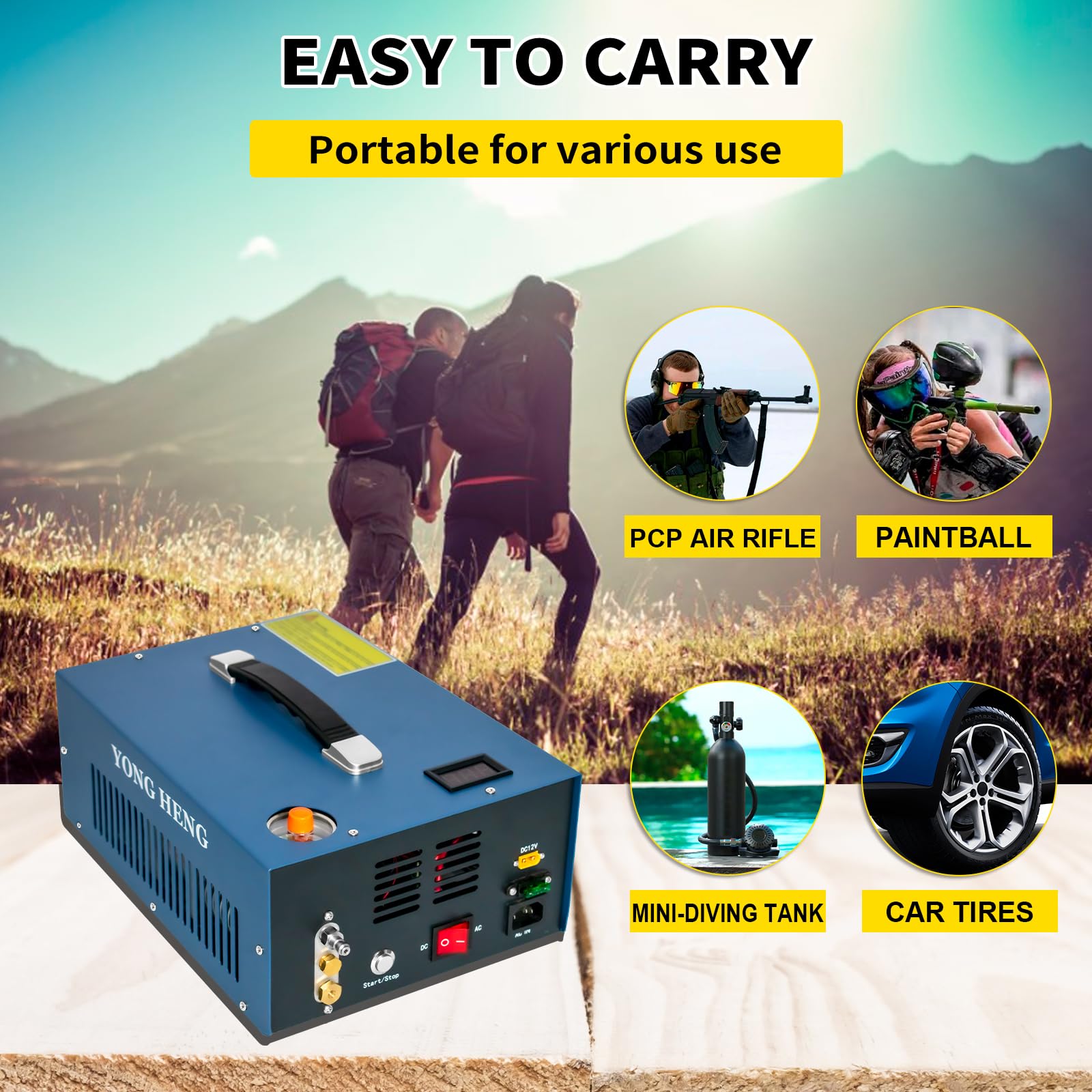 YONGHENG PCP Air Compressor, Auto-shutoff 4500Psi/30Mpa Set-pressure Air Gun and Paintball Tank Pump with Water/Oil Separator, Built-in Power Adapter(110V AC or 12V Car Battery)