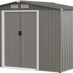 Goplus 8.5’ x 6.8’ x 6’ Outdoor Storage Shed, Weather-Resistant Utility Storage House w/Foundation, 4 Air Vents, Double Doors & Ramp, Galvanized Steel Tool Shed for Garden, Lawn, Patio, Yard