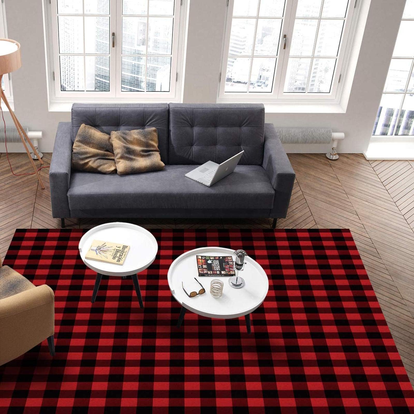 Black and Red Line Buffalo Plaid Area Rug, Red Black Checkered Decorative Rug, Easy Clean Carpet with Anti-Slip Backing for Bedroom Living Room Dining Room Office 5ftx8ft