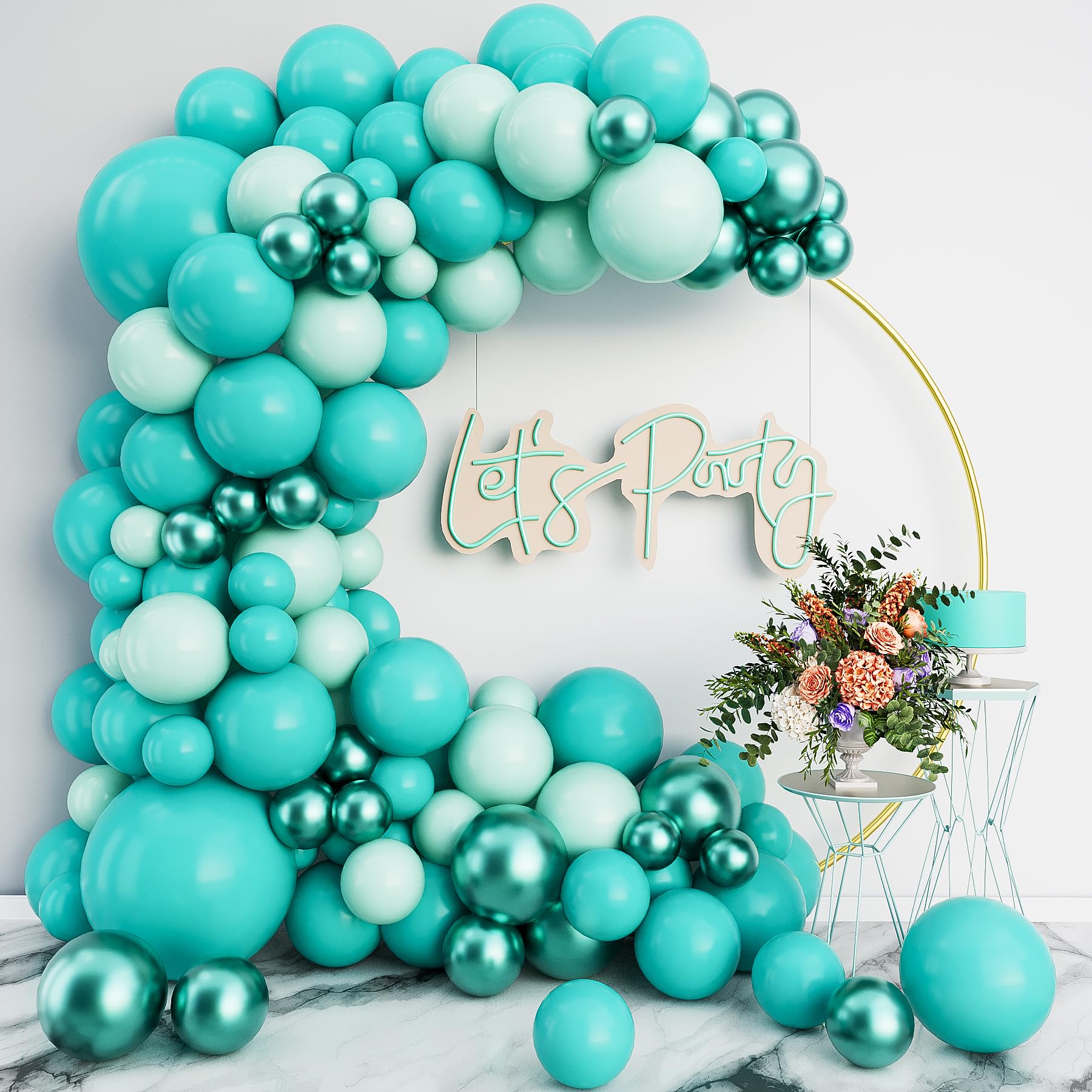 Teal Balloon Arch Garland Kit-Macaron Teal Balloon Latex Metallic Green Balloon 132Pcs for Baby Shower,Gender Reveal，Kids Birthday，Wedding,Graduation,New Years Decoration.