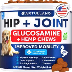 hemp hip and joint supplement for dogs - glucosamine for dogs - dog joint pain relief treats - hemp chews for dogs chondroitin - msm - mobility support - advanced canine joint health - 120 chews