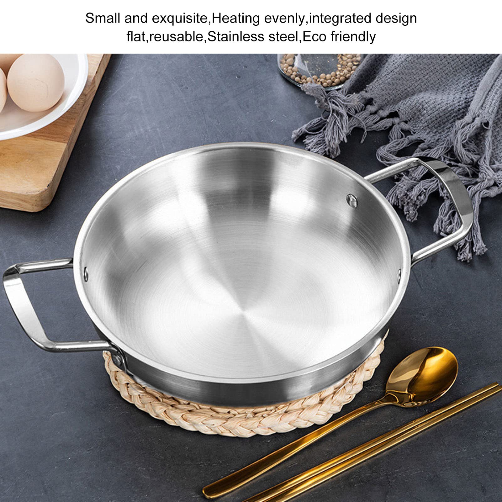 Ramen Pot, Binaural Korean Ramen Pot, Heating Evenly Noodle Pot, Stainless Steel Noodle Pot, Silver Ramen Cooker, Reusable Ramen Pot for Spaghetti Soup Porridge Noodle Seafood(22cm)