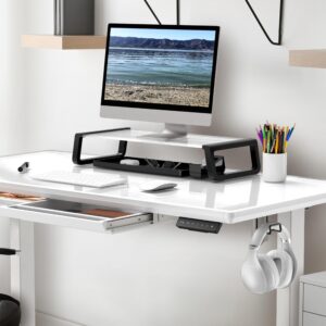 SHW 48-Inch Whole-Piece Glass Electric Height Adjustable Desk with Monitor Riser and Drawer, White