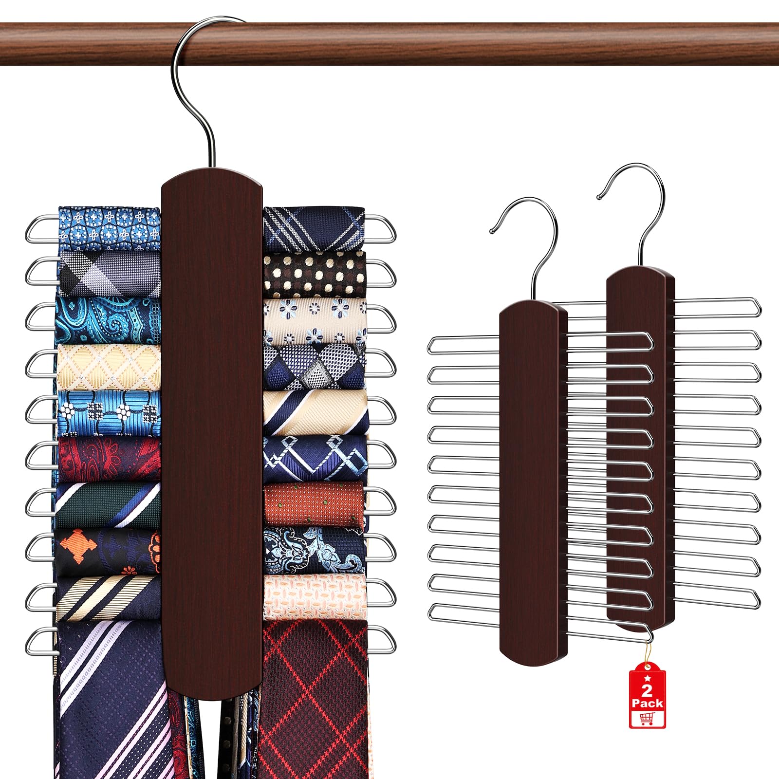 2 Pack Tie Rack for Closet, Premium Wooden Necktie Organizer Storage Tie/Belt Hanger, 360 Degree Swivel Space Saving Ties Holder for Men Hanging 40 Ties, Scarves Red